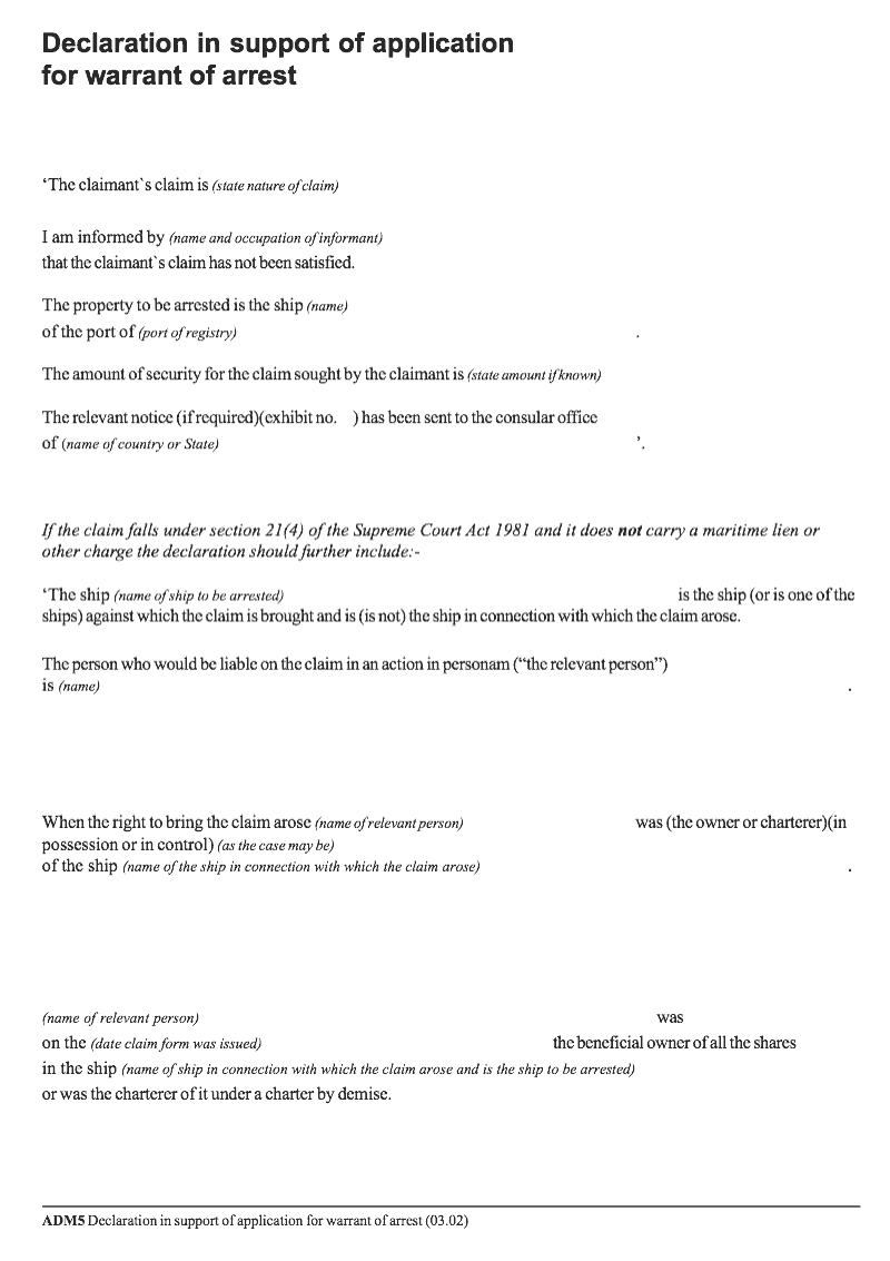 ADM5 Declaration in support of application for warrant of arrest