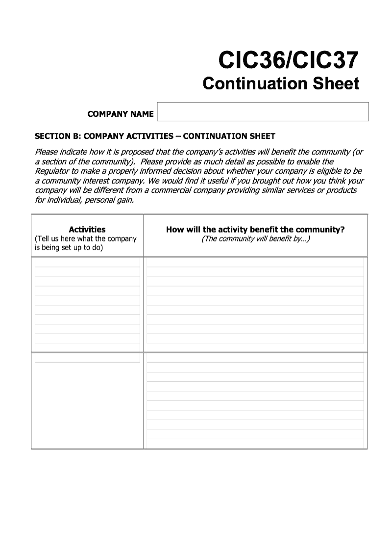 CIC36 / CIC37 Continuation sheet Section B continuation sheet - CIC36 and CIC37