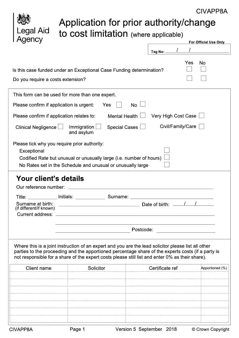 CIV APP8A Application for prior authority/change to cost limitation