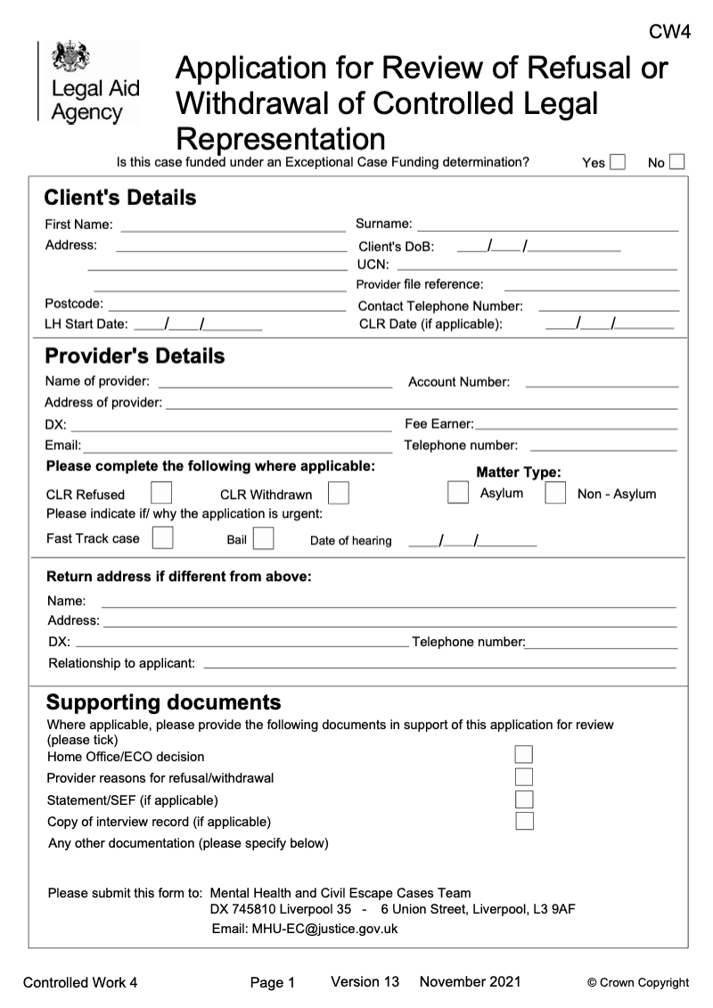 CW4 Application for Review of Refusal or Withdrawal of Controlled Legal ...