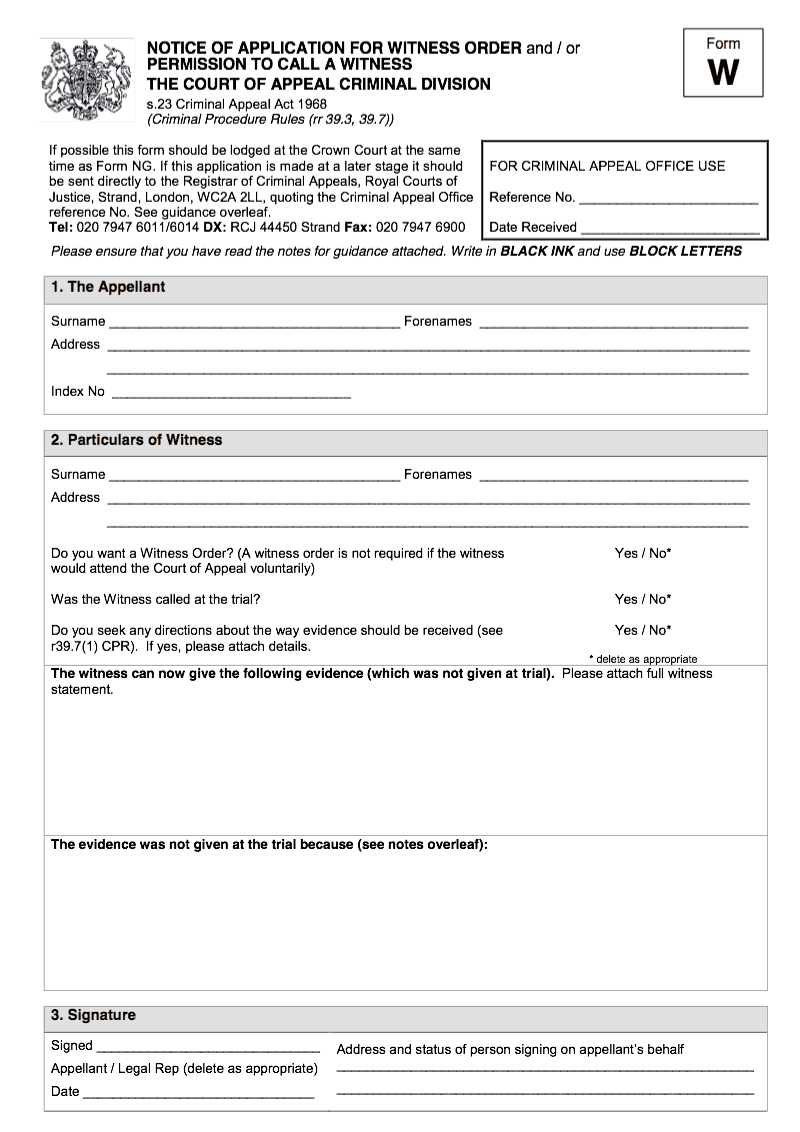 Form W Notice of application for witness order and/or permission to ...