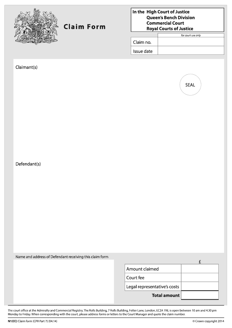 N1(CC) Claim form (CPR Part 7) (Commercial Court)