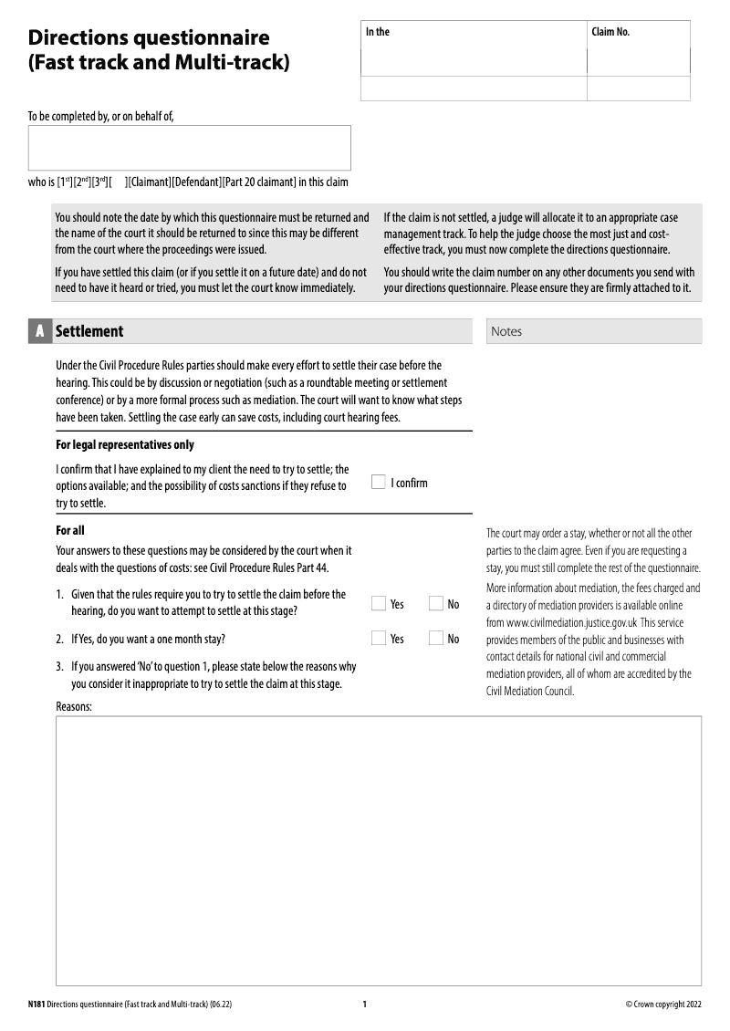 N181 Long Directions questionnaire (Fast track and Multi-track ...