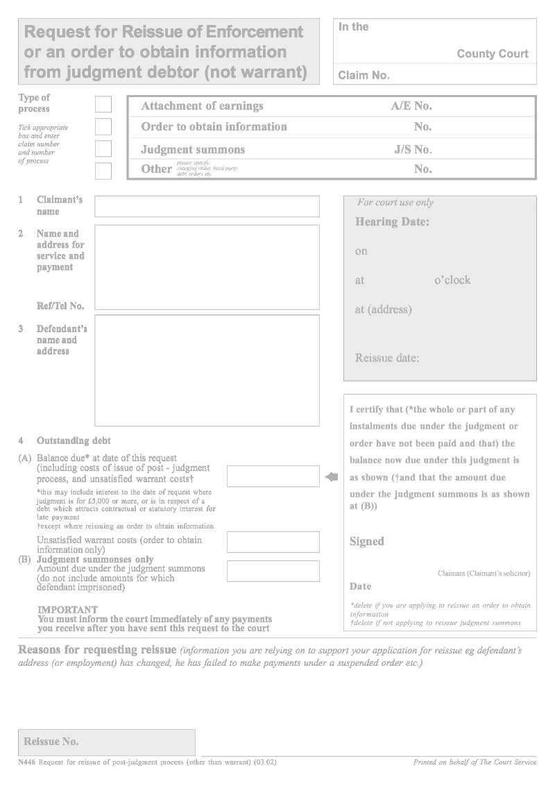 N446 Request for Reissue of Enforcement or an order to obtain ...