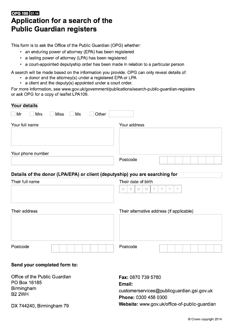 OPG 100 Application for a search of the Public Guardian registers
